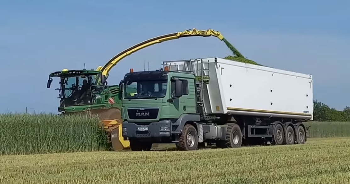 Roggen GPS Ernte 2024 mit einem John Deere Häcksler, MAN Agrotruck ...
